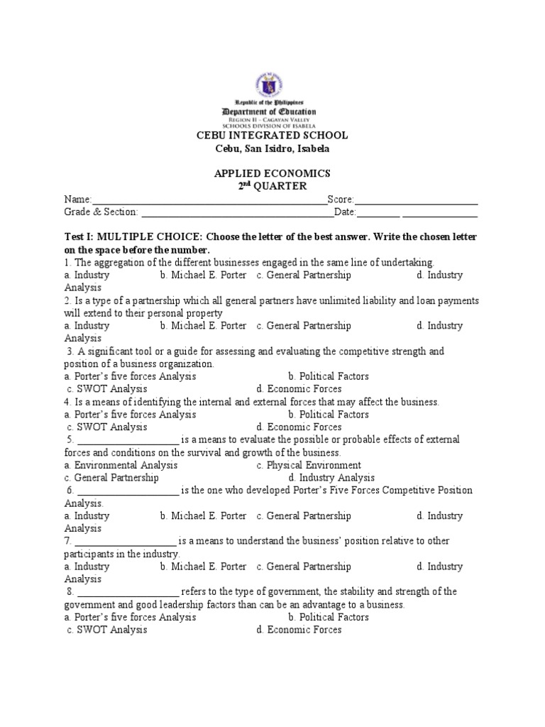 Second Quarter Exam Applied Economics Download Free Pdf Economics