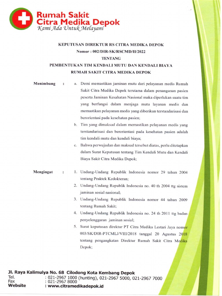 002 SK Pembentukan Tim Kendali Mutu Dan Kendali Biaya | PDF 002 SK Pembentukan Tim Kendali Mutu Dan Kendali Biaya | PDF