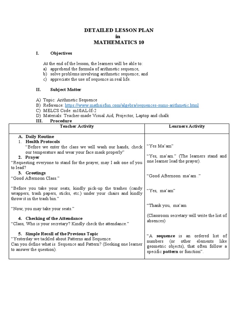Detailed Lesson Plan | PDF | Learning | Sequence