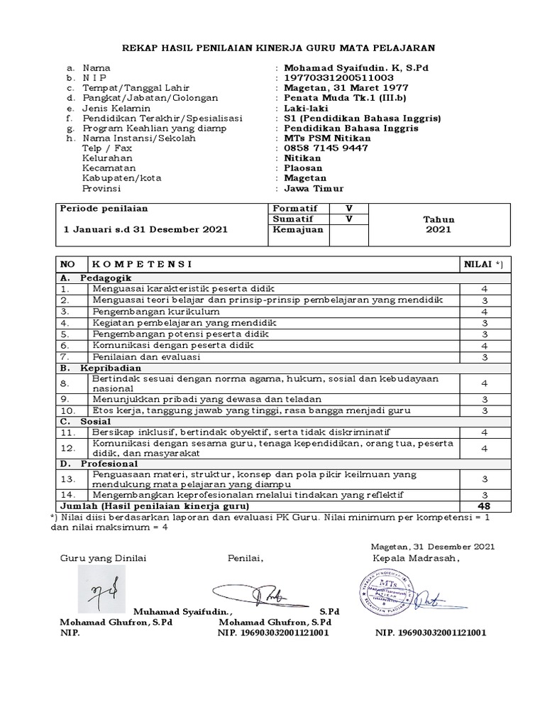 PKG (Penilaian Kinerja Guru) | PDF