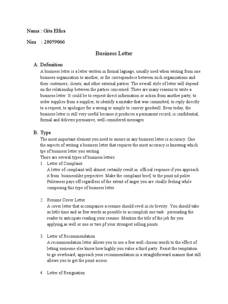 Business Letter: Nama: Gita Elfira Nim: 20059066 | PDF | Paragraph ...