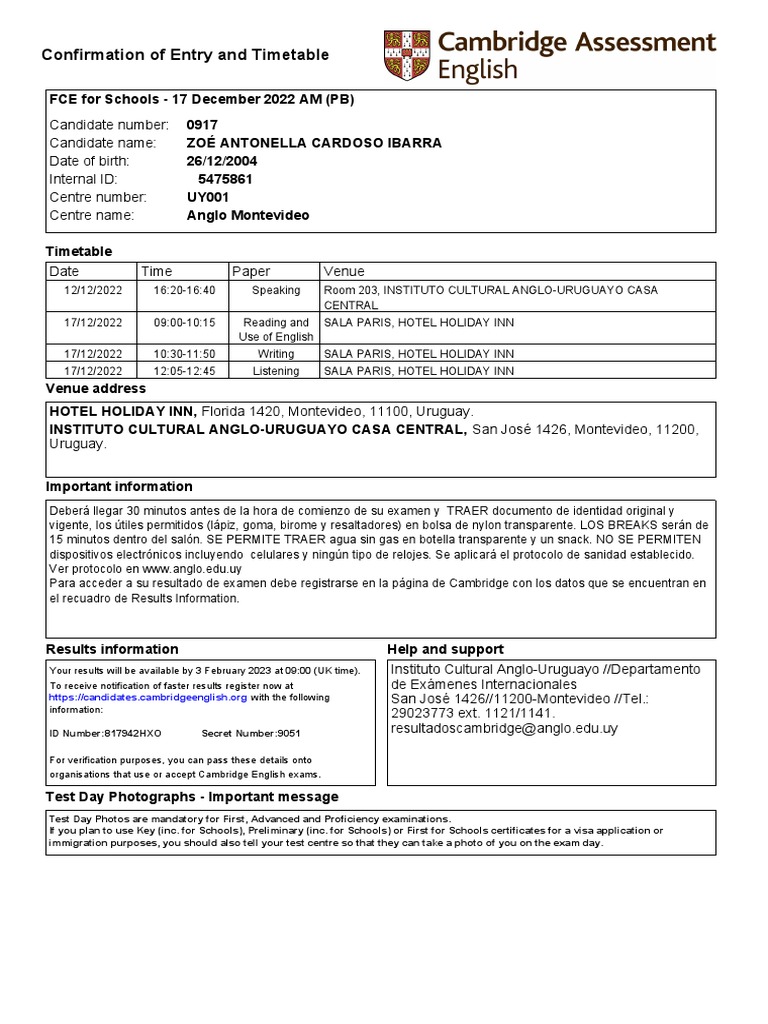 Confirmation of Entry and Timetable | PDF | Second Language Acquisition ...