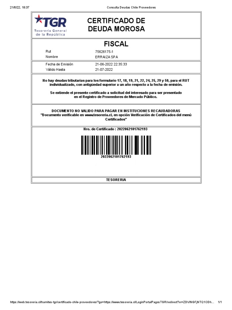 Certificado Chile Proveedores - TGR | PDF