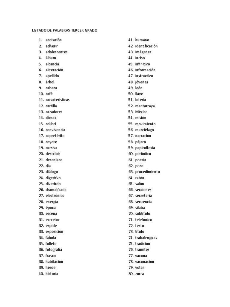 Listado de Palabras Tercer Grado | PDF