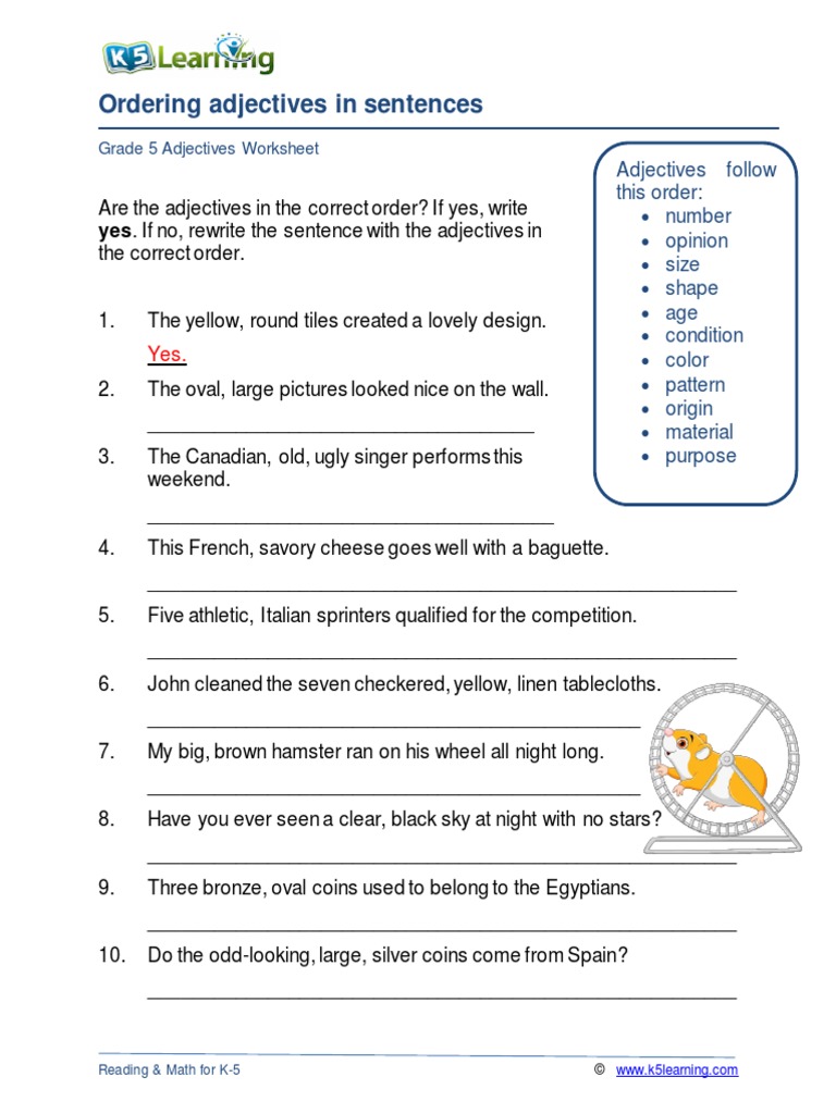 Grade 5 Order of Adjectives C | PDF