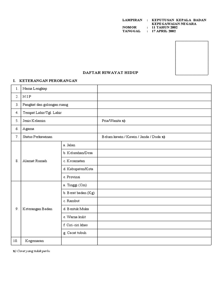 BLANKO Daftar Riwayat Hidup Kepka BKN No 11 Tahun 2002 | PDF