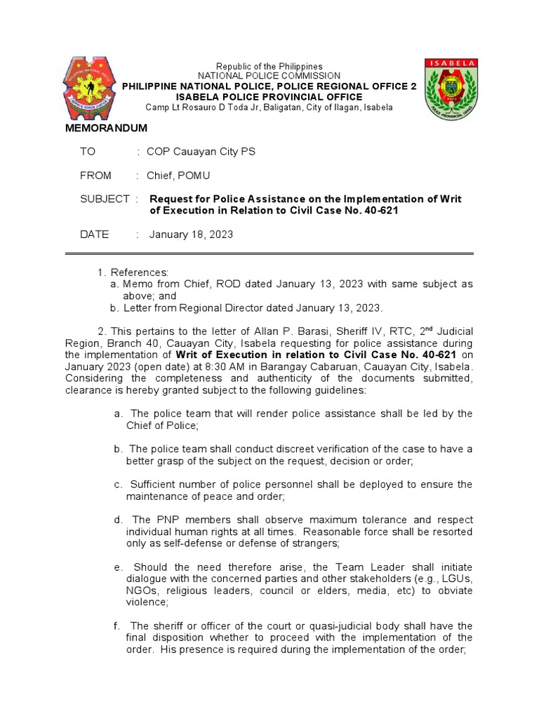 Police Assistance To Sheriff Barasi Civil Case No. 40-621 | PDF ...