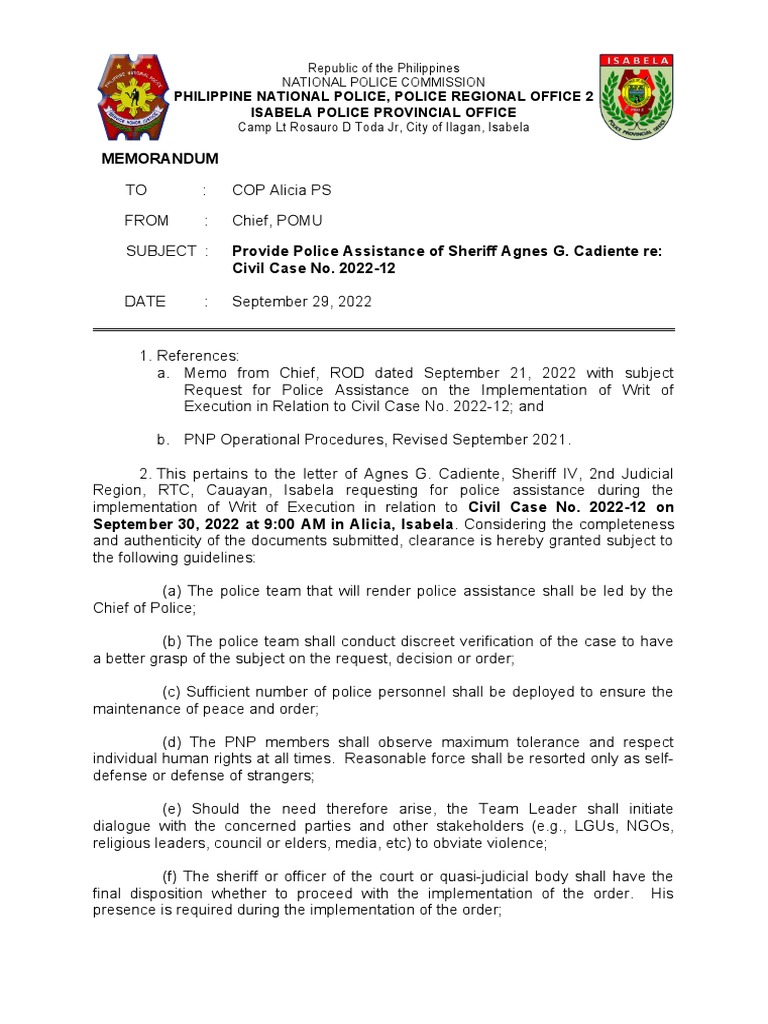 Providing Police Assistance for the Implementation of a Writ of Execution in Relation to Civil ...