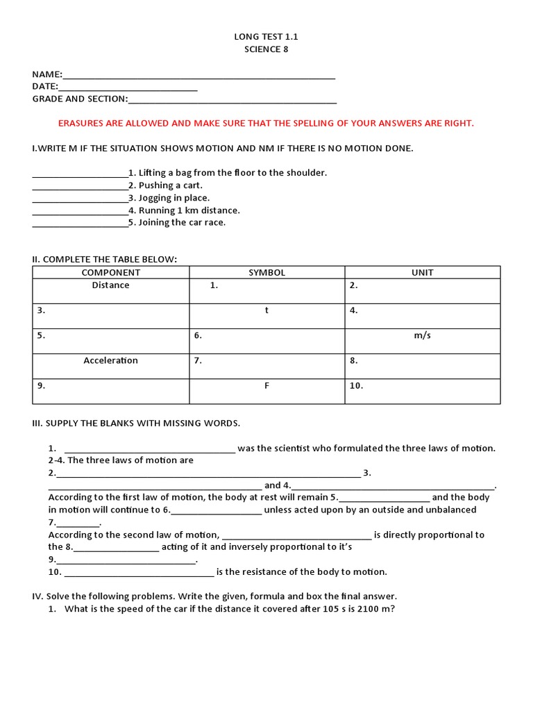Long Test 1.1-Grade 8 Science | PDF | Force | Newton's Laws Of Motion
