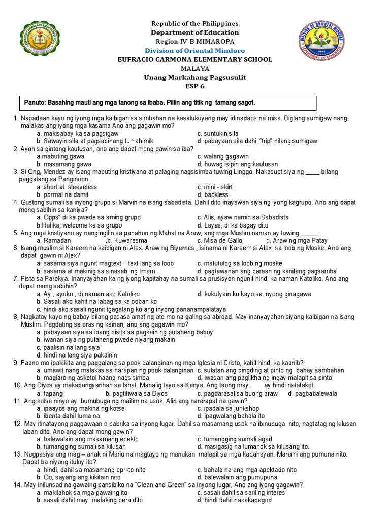 Periodical Test ESP 6 - Quarter 1 | PDF