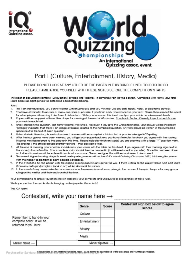 WQC 2022 Part One No Answers | PDF