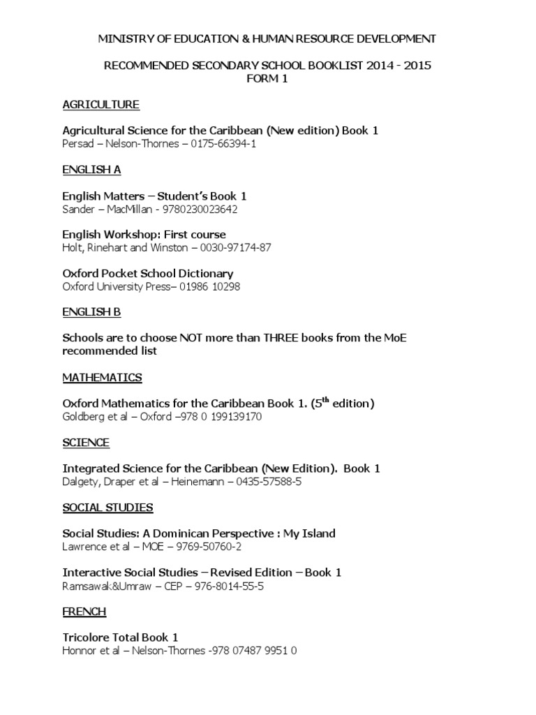 Secondary School Textbook List 2014-2015 | PDF | Home Economics | Science