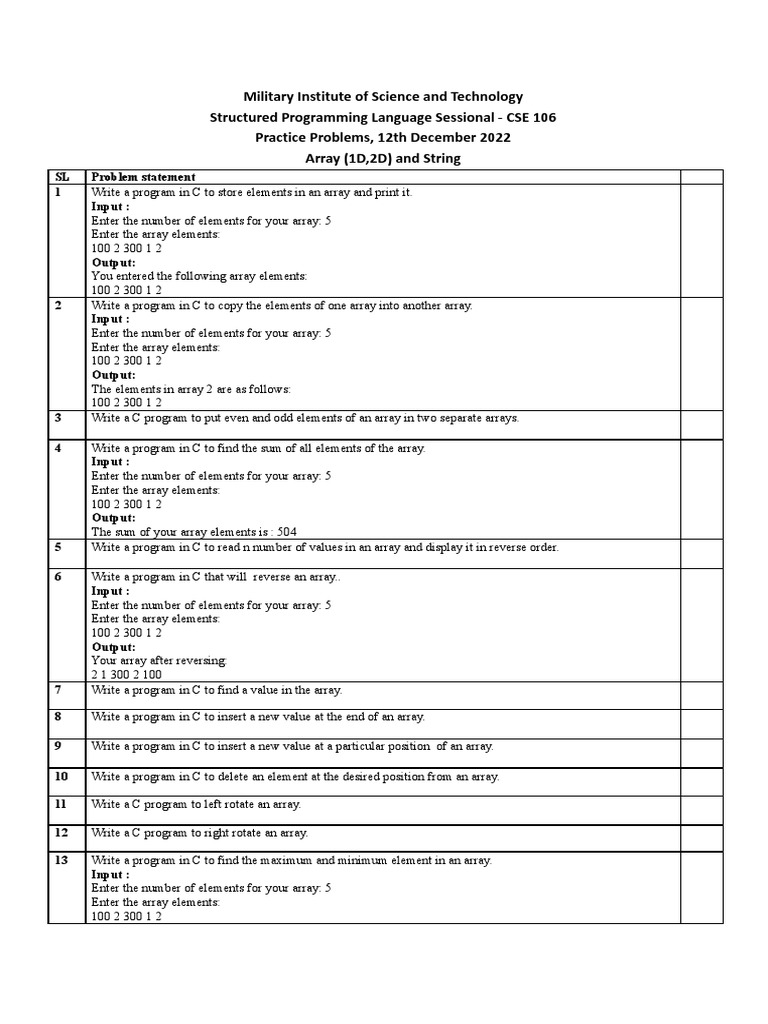 Array (1D, 2D), String Practice Problems CSE 106 | PDF | Matrix (Mathematics) | String (Computer ...