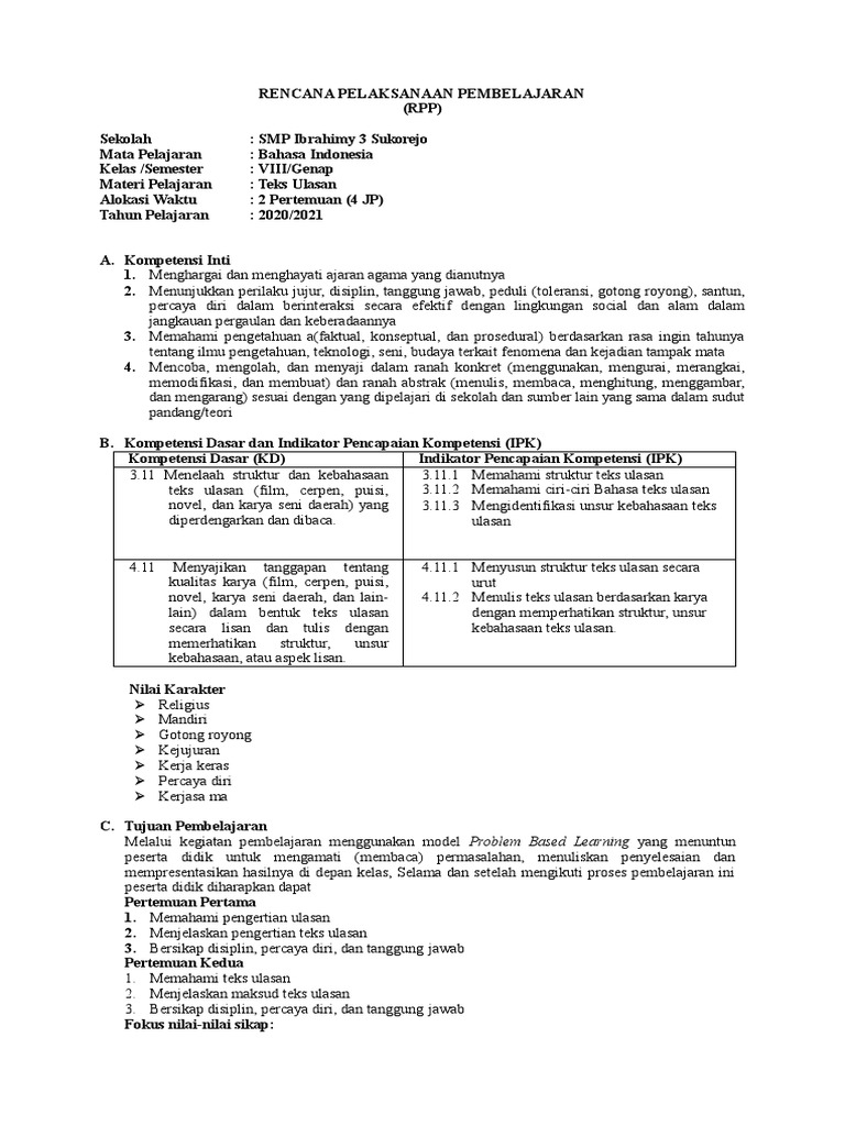 RPP Bahasa Indonesia Kelas VIII Halimatus Sa'diyah | PDF