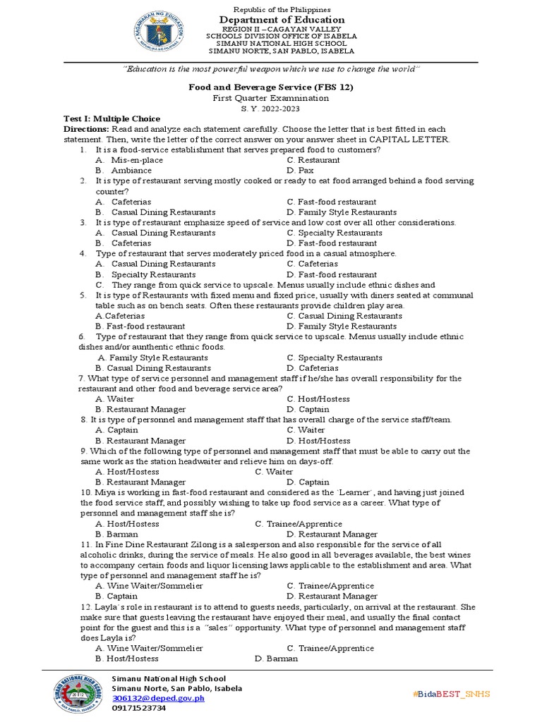 Grade 12 Q1 Exam Food and Beverages Services | PDF | Restaurants ...