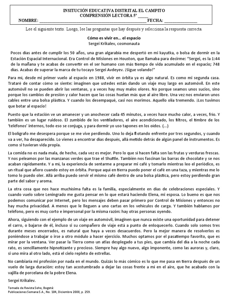 Comprension Lectora Viaje Al Espacio | PDF