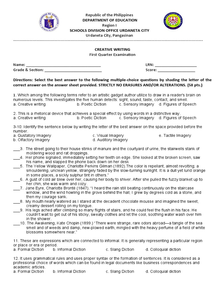 Creative Writing 1ST Quarter Exam | PDF | Poetry | Narration