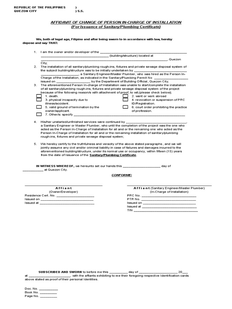 QC Affidavit For Sanitary | PDF | Government | Common Law