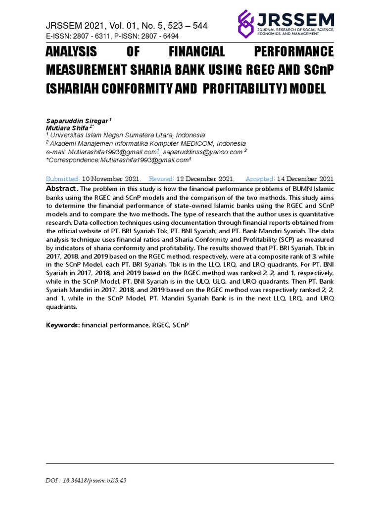 Analysis OF Financial Performance Measurement Sharia Bank Using Rgec and SCNP (Shariah ...