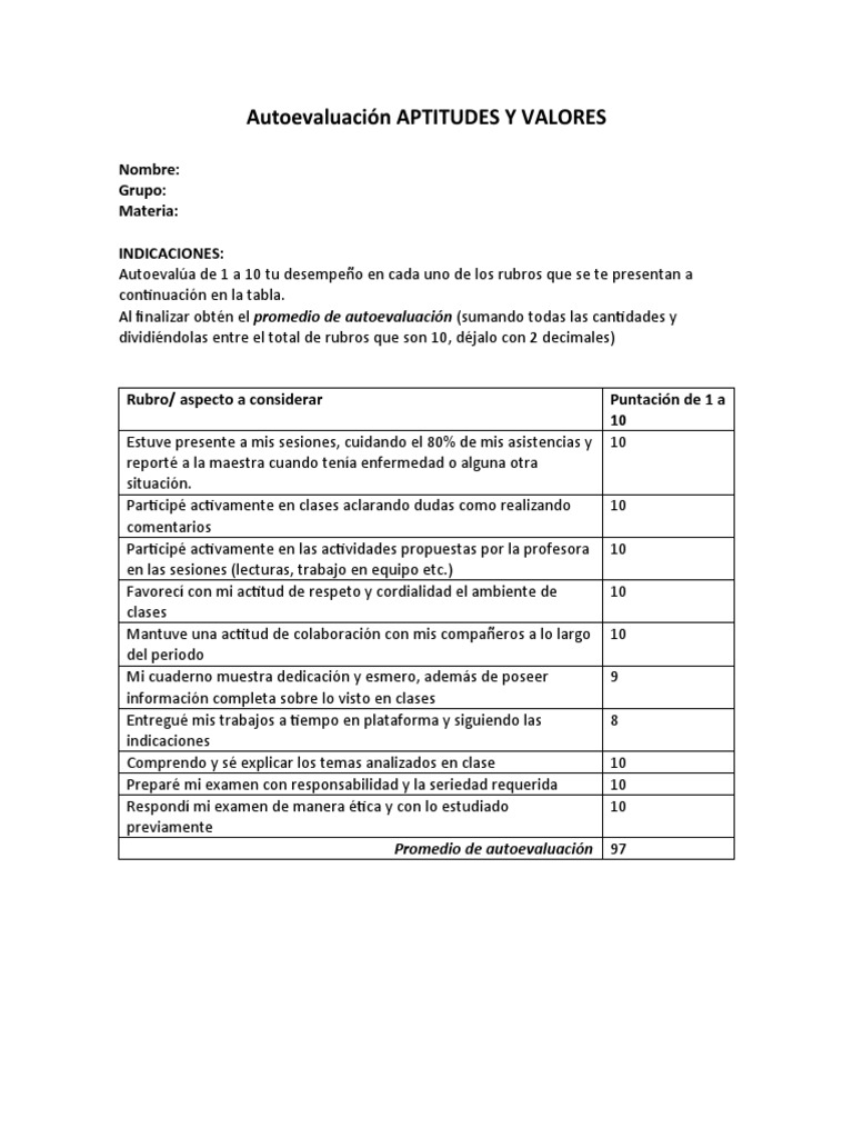 Autoevaluación Actitudes y Valores | PDF