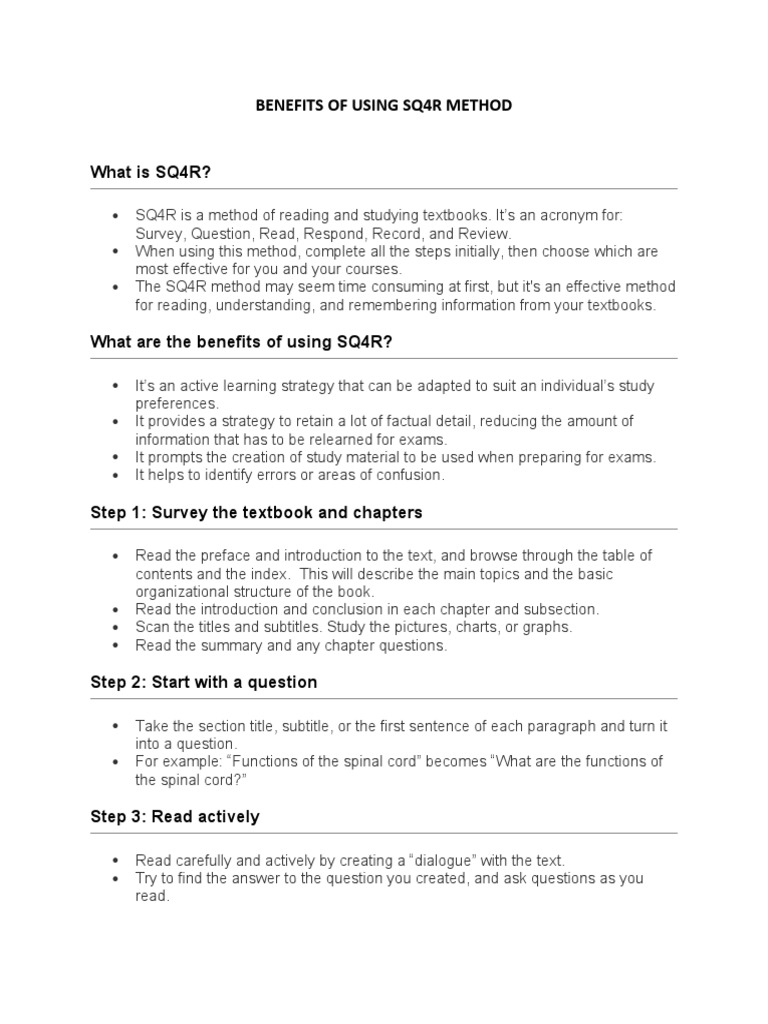Benefits of the SQ4R Reading Method | PDF | Human Communication ...