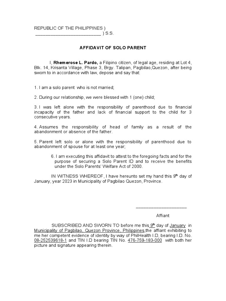 Affidavit of Solo Parent for ID Benefits | PDF | Wellness