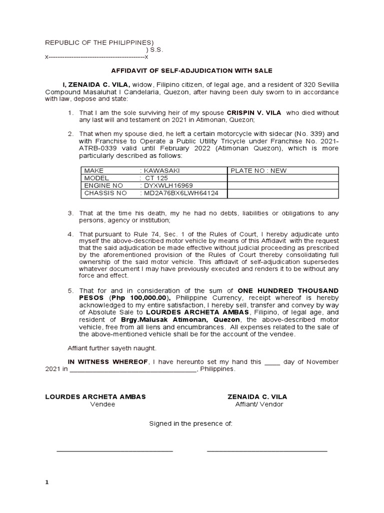 Affidavit of Self Adjudication With Sale (Crispin Vila) Edited | PDF ...