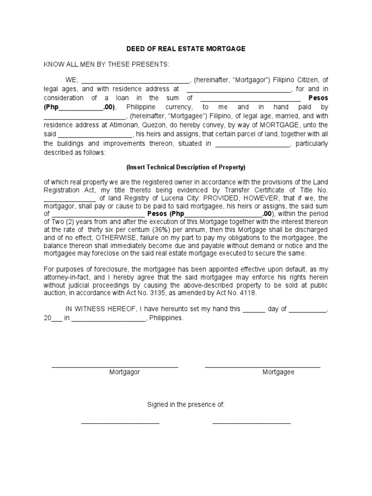 Deed of Real Estate Mortgage Sample | PDF | Mortgage Law | Common Law