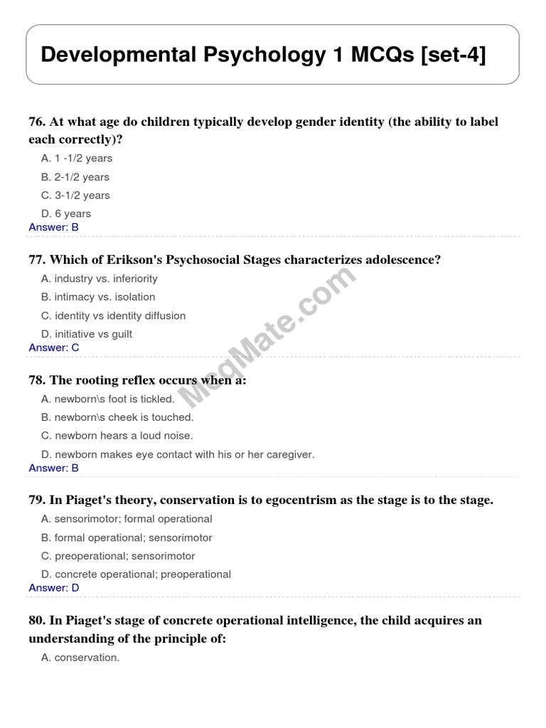 Developmental Psychology 1 Solved MCQs (Set-4) | PDF | Developmental Psychology | Cognitive ...