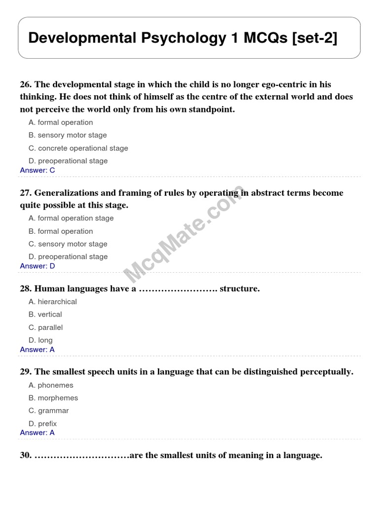 Developmental Psychology 1 Solved MCQs (Set-2) | PDF | Attachment Theory | Psychological Theories