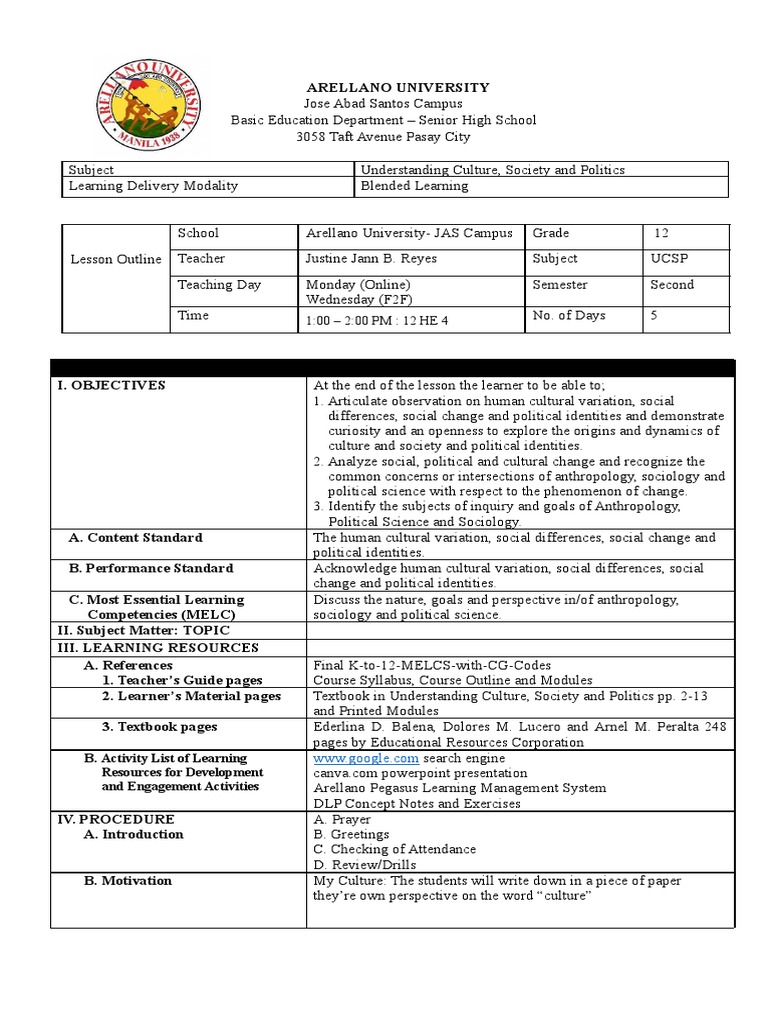 Reyes L01 - Understanding Society and Culture | PDF | Learning | Teachers