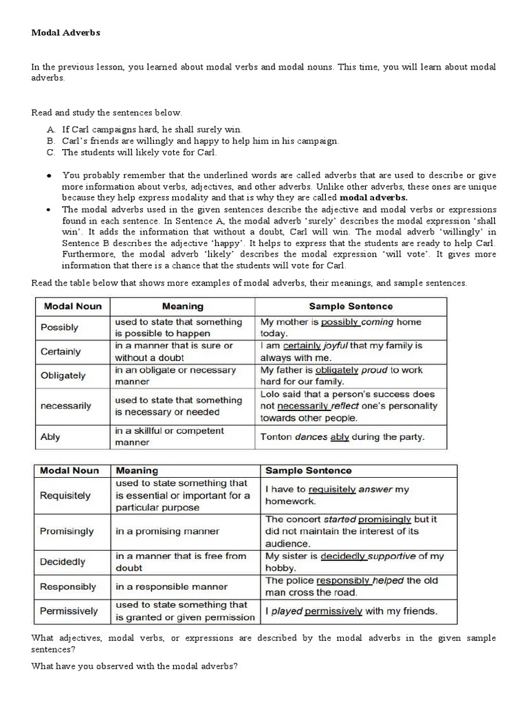 Grade 8 Modal Adverbs | PDF | Adverb | Verb