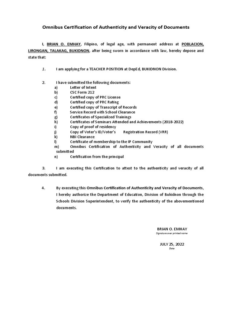 Omnibus Certification of Authenticity and Veracity of Documents | PDF