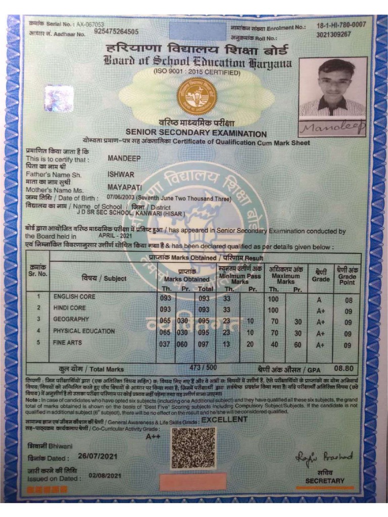 12TH Marksheet | PDF