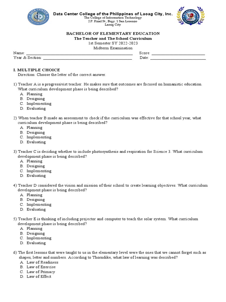 The Teacher and The School Curriculum Midterm Exam | PDF | Curriculum ...