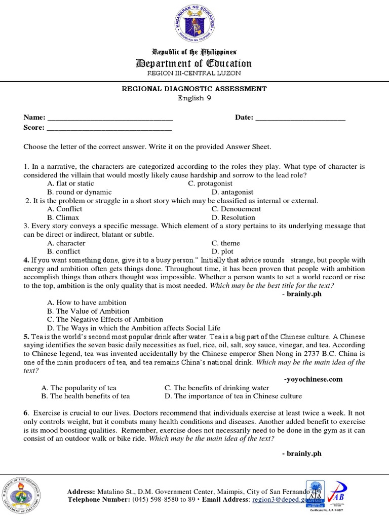 Grade 9 English Diagnostic Assessment | PDF | Internet | Social Media