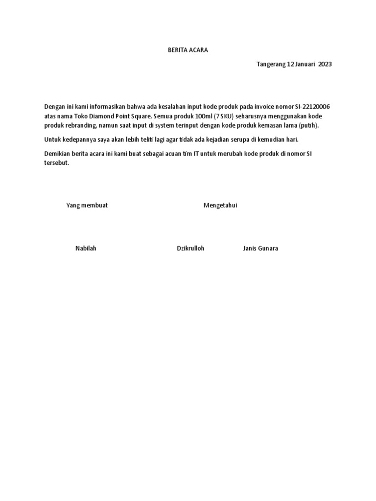 Berita Acara Kesalahan Input Invoice | PDF