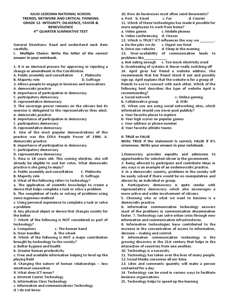 4TH Quarter Summative Test | PDF | Information And Communications ...