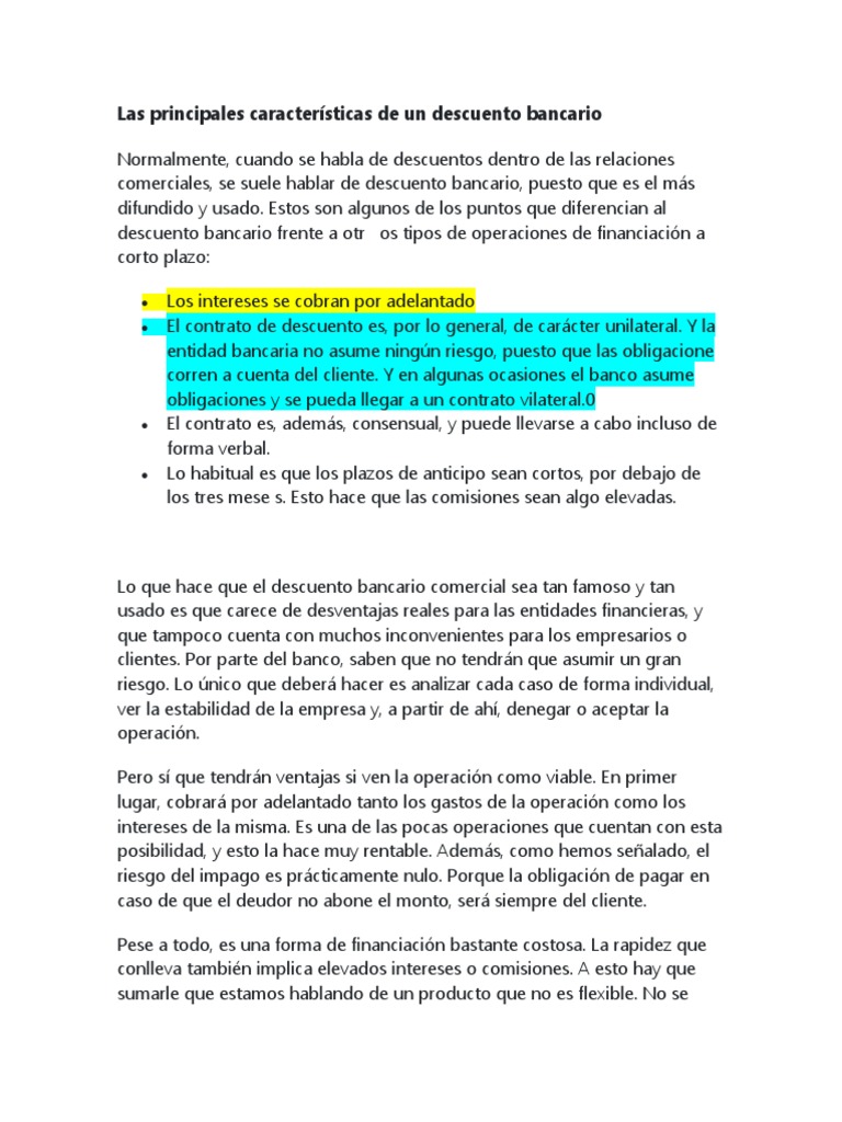 Las Principales Características de Un Descuento Bancario | PDF