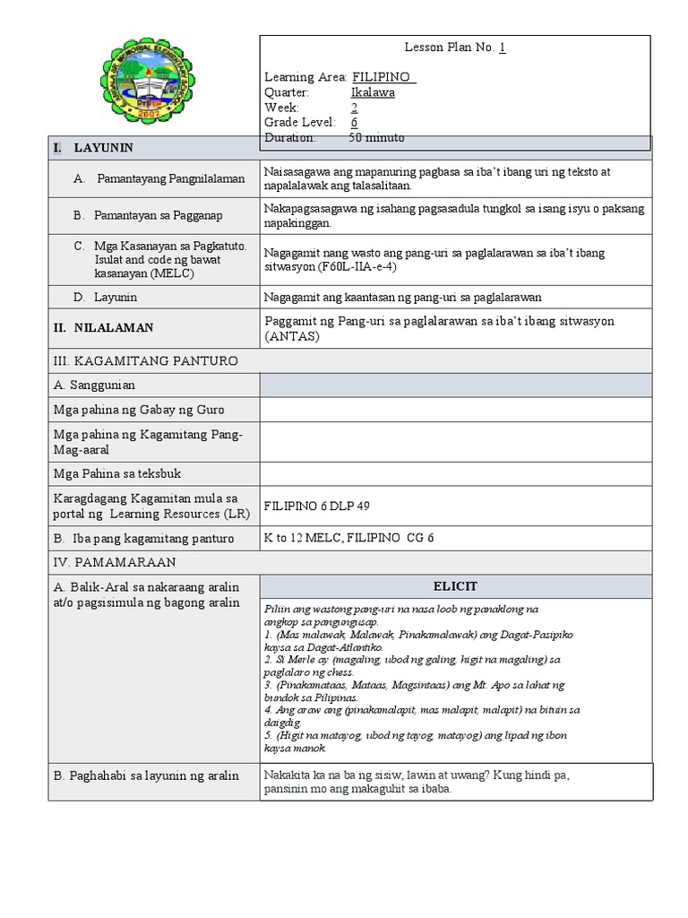 Lesson Plan in Filipino 6 Q2w2 | PDF