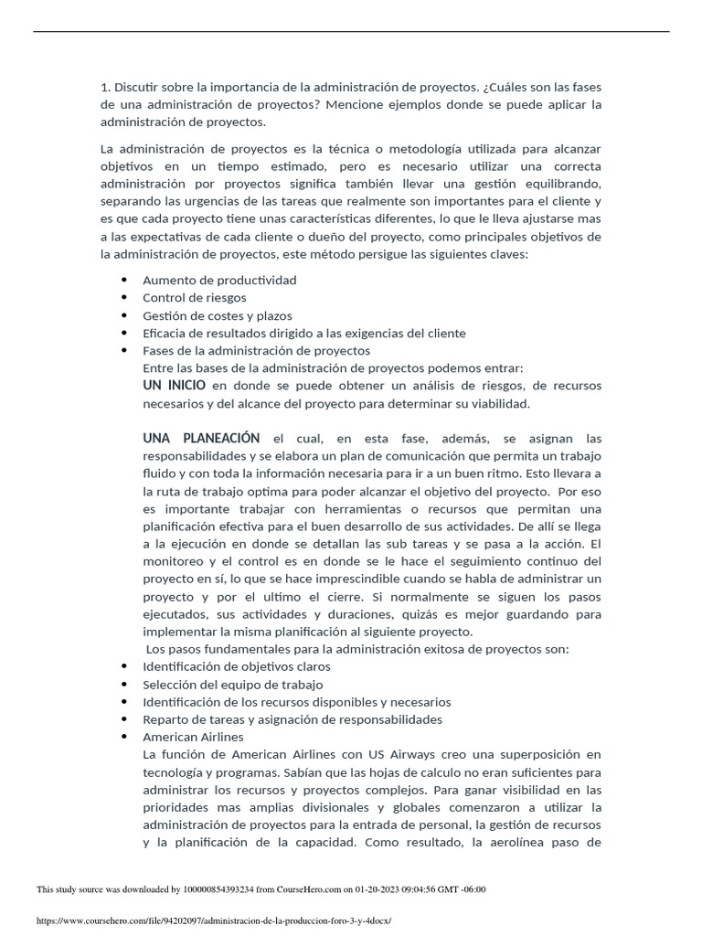Administracion de La Produccion Foro 3 y 4 | PDF | Gestión de proyectos | Planificación