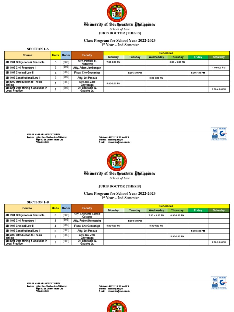 USEP Juris Doctor Class Schedule 2022-2023 | PDF | Juris Doctor | Legal ...