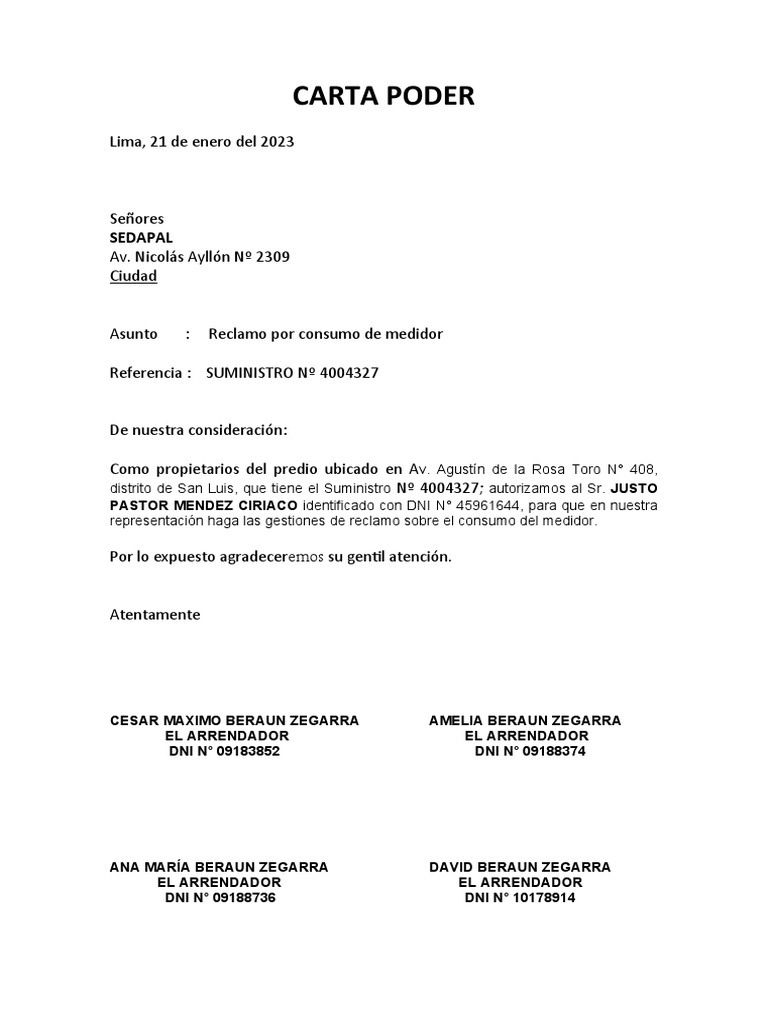 Carta Poder (Justo) Reclamo 13-01-2023 | PDF