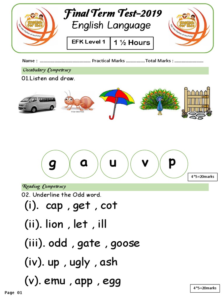 Grade 1 - English - Final Term 2019 | PDF