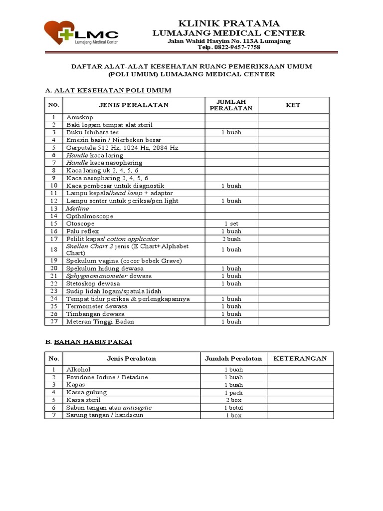 Daftar Alkes Ugd & Poli Umum Klinik LMC | PDF