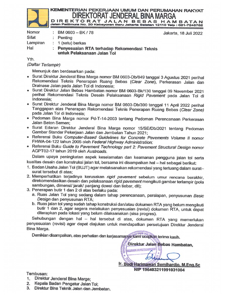 Surat Direktur JBH Perihal Penyesuaian RTA Terhadap Rekomendasi Teknis Untuk Pelaksanaan Jalan ...