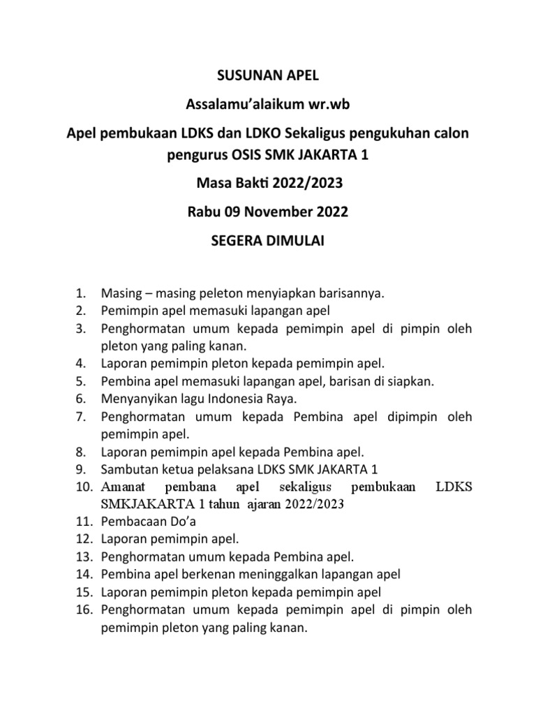 Contoh Susunan Apel Ldks & Pelantikan OSIS | PDF