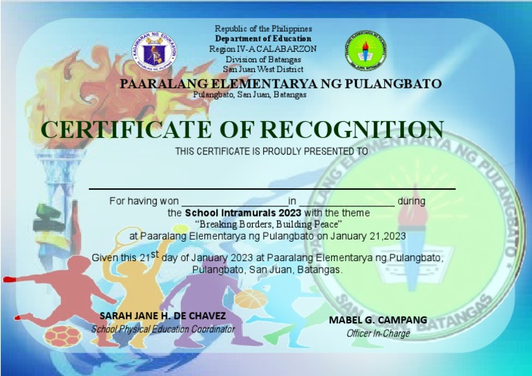 Certificate Recogntion Intramurals 2023 | PDF