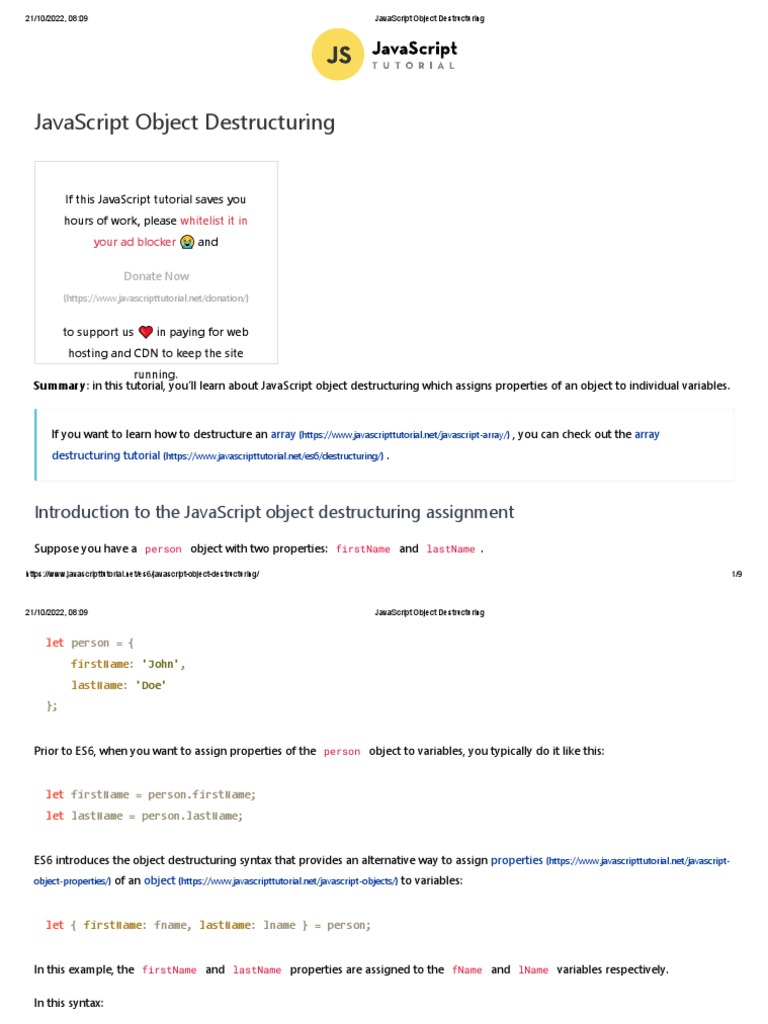 JavaScript Object Destructuring | Download Free PDF | Java Script | Information Technology ...