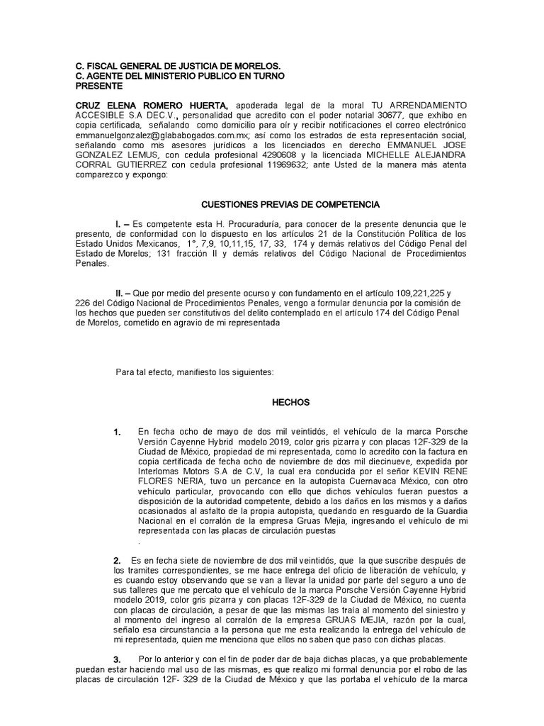 Denuncia Por Robo De Placas Pdf Justicia Crimen Y Violencia 1789
